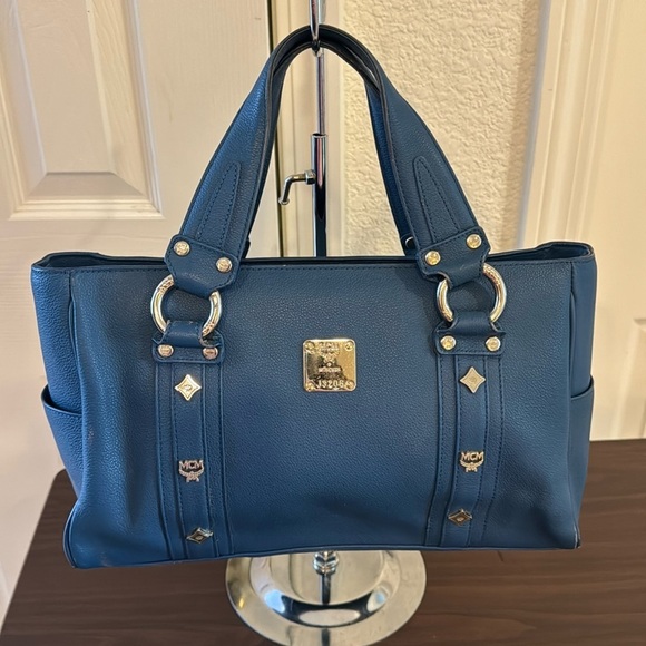 MCM | Bags | Mcm Blue Leather Satchel | Poshmark